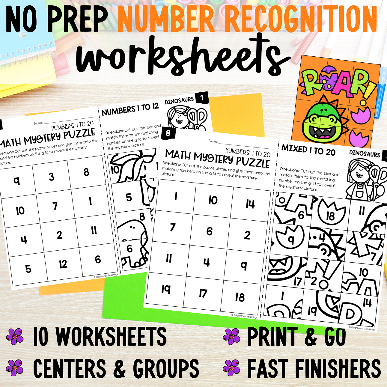 Dinosaur Numbers to 20 Worksheets Mystery Puzzles Dinosaur Number ...
