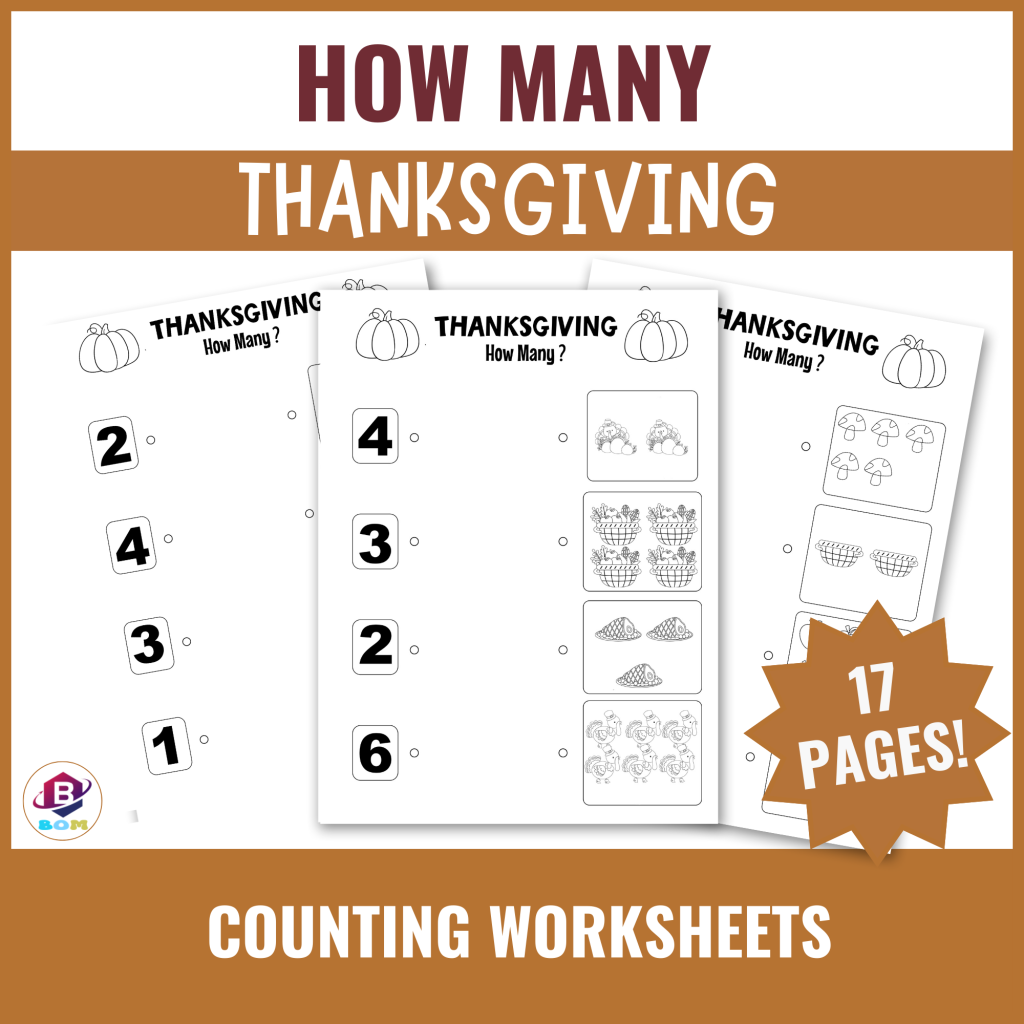 Thanksgiving Count and Match How Many Numbers up to 9 for Kindergarten ...