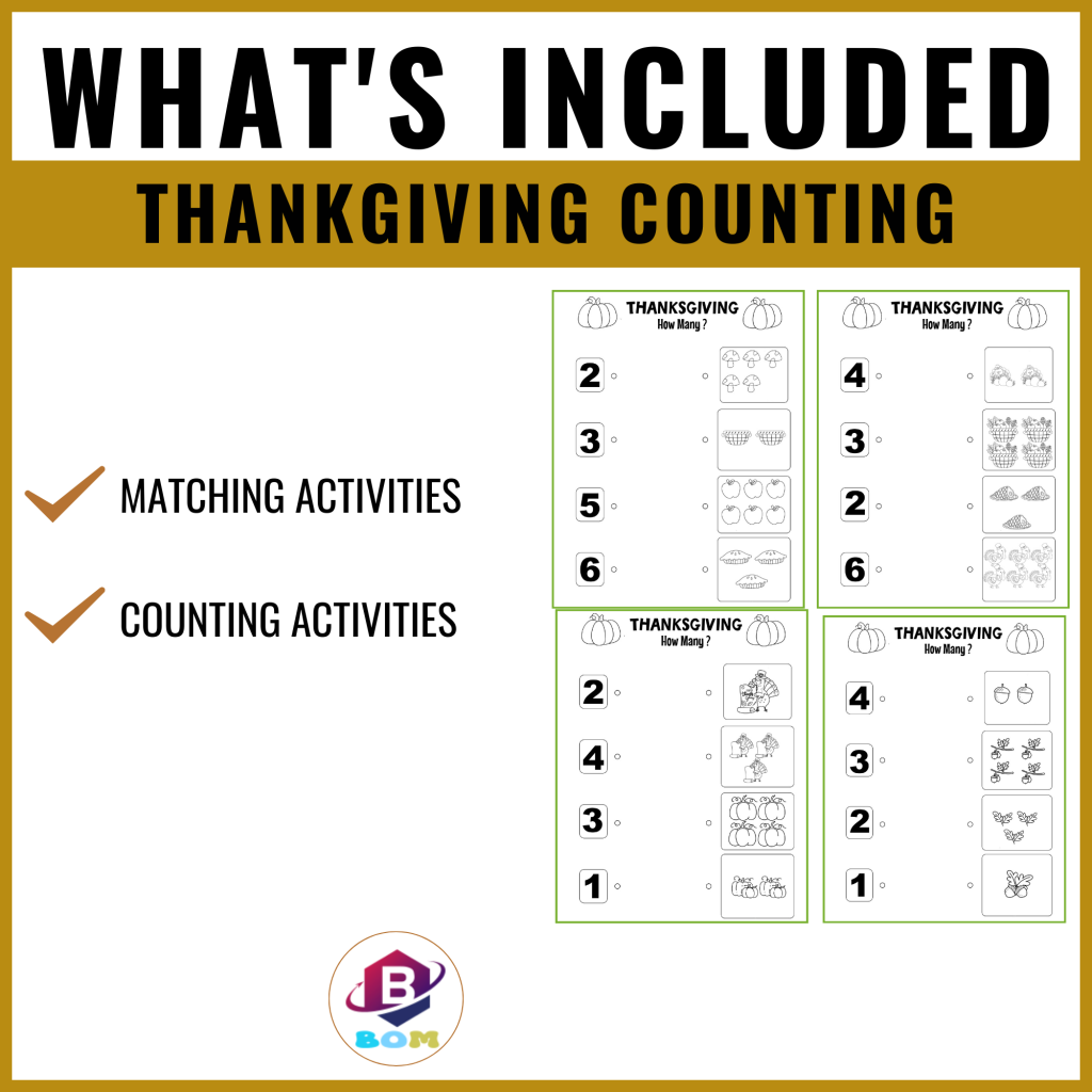 Thanksgiving Count and Match How Many Numbers up to 9 for Kindergarten ...