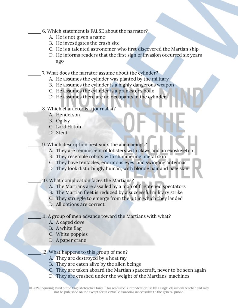 The War of the Worlds by H. G. Wells Quiz and Answer Key Bundle | Made ...