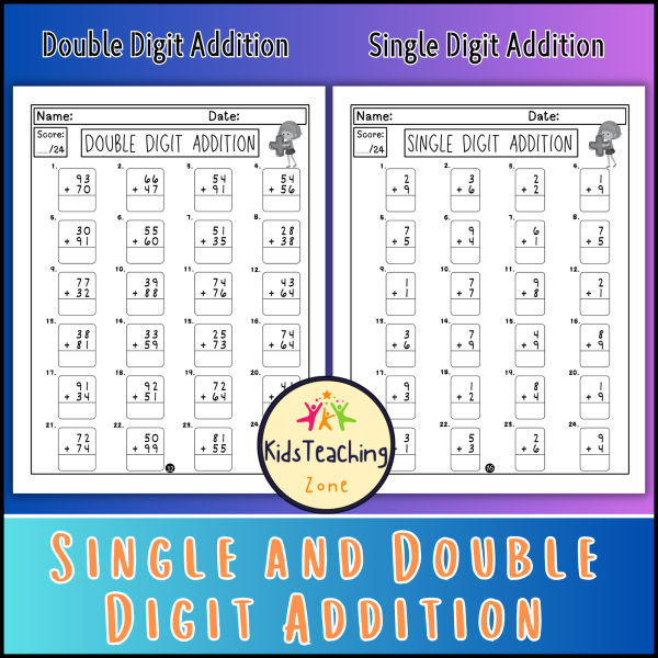 Single and Double Digit Addition and Subtraction Worksheets Practice ...