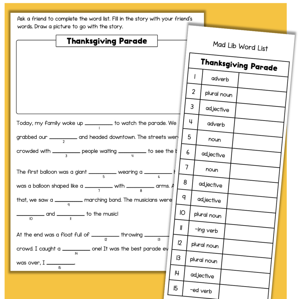 Thanksgiving Mad Libs Parts of Speech Noun Verb Adjective Adverb 2nd ...