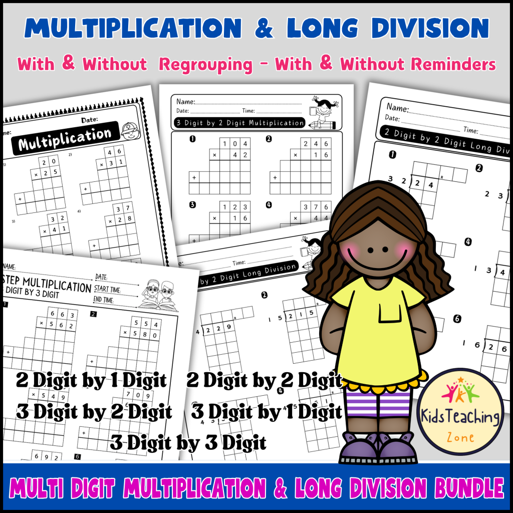 Multi Digit Multiplication and Long Division Worksheets Practice Bundle ...