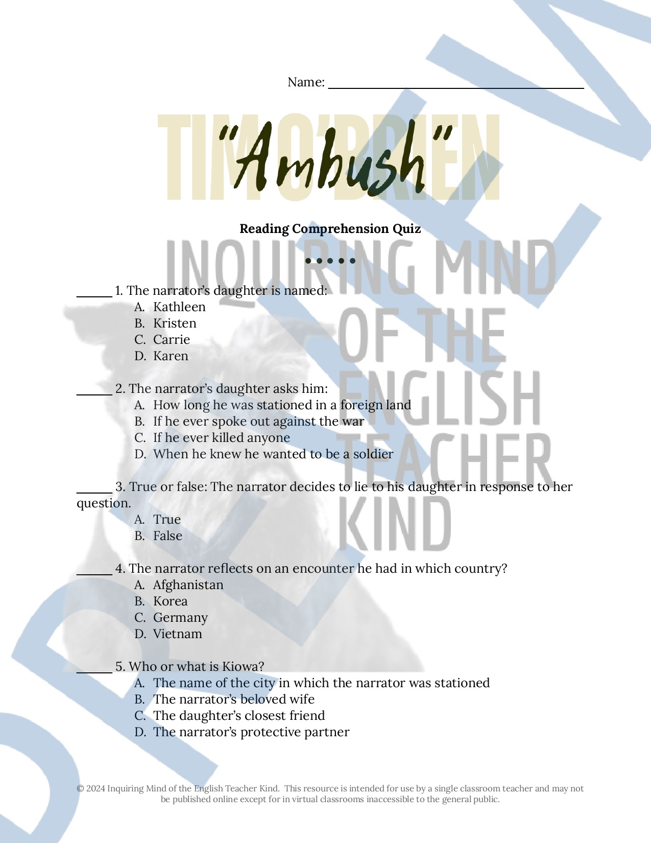 "Ambush" by Tim O'Brien Quiz, Close Reading Inference Worksheet, and ...