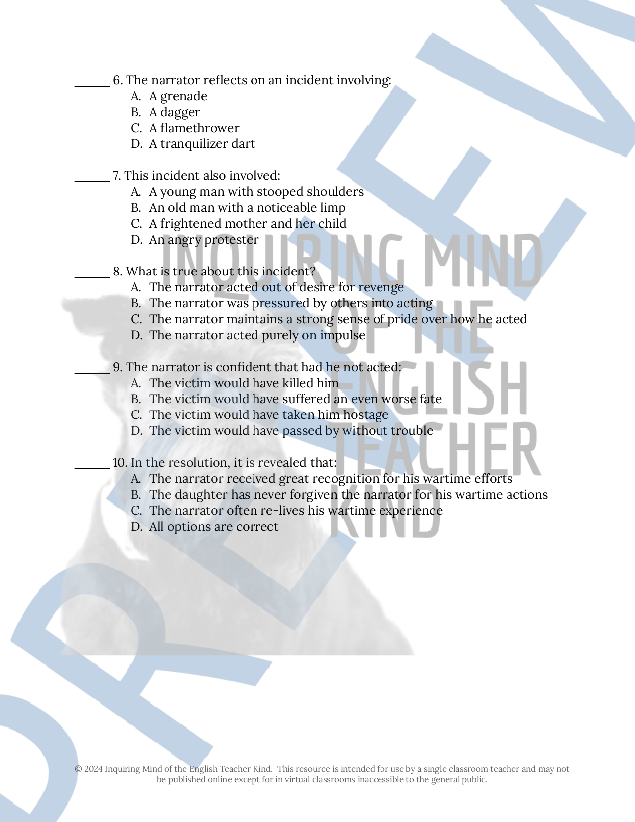 "Ambush" by Tim O'Brien Quiz, Close Reading Inference Worksheet, and ...