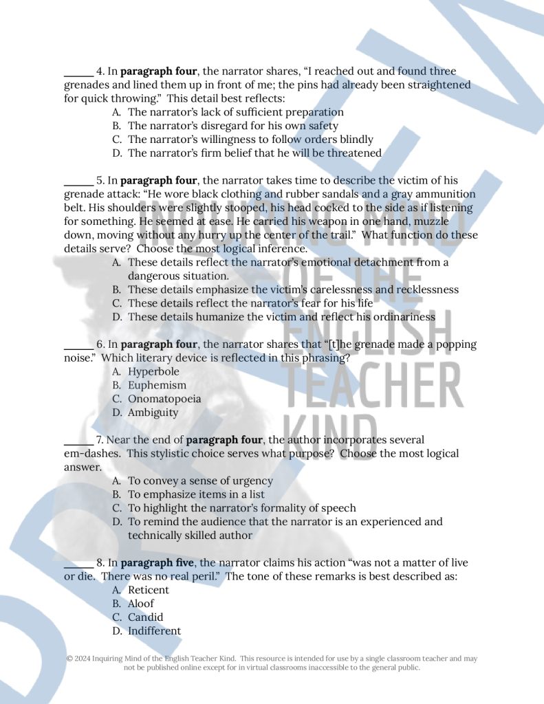 "Ambush" by Tim O'Brien Quiz, Close Reading Inference Worksheet, and ...