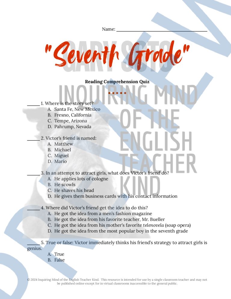 "Seventh Grade" by Gary Soto Quiz and Answer Key (Coming-of-Age Short ...
