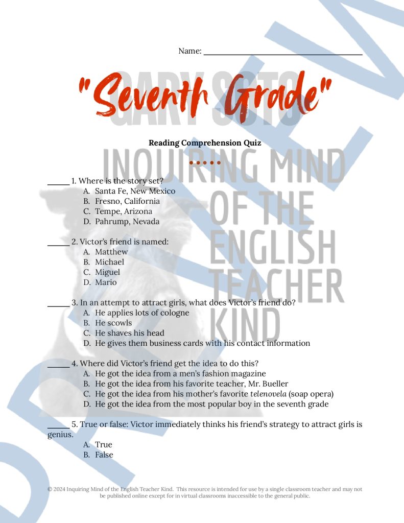 "Seventh Grade" by Gary Soto Quiz and Answer Key (Coming-of-Age Short ...