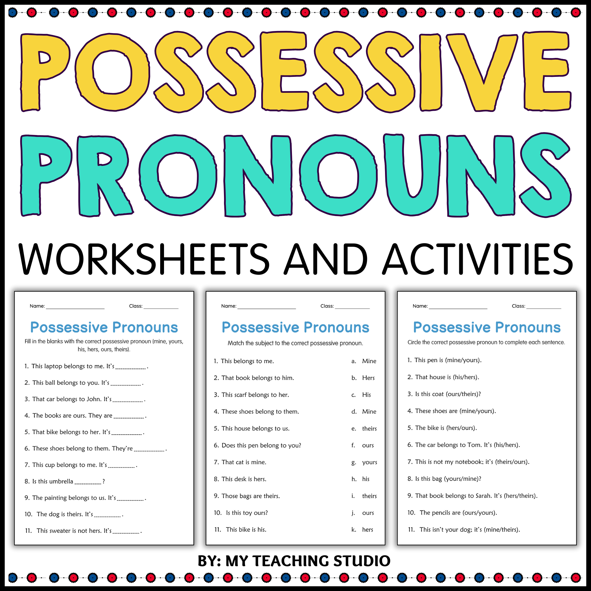 Possessive Pronouns Grammar Activity Worksheets for Grade 2, 3, 4 ...