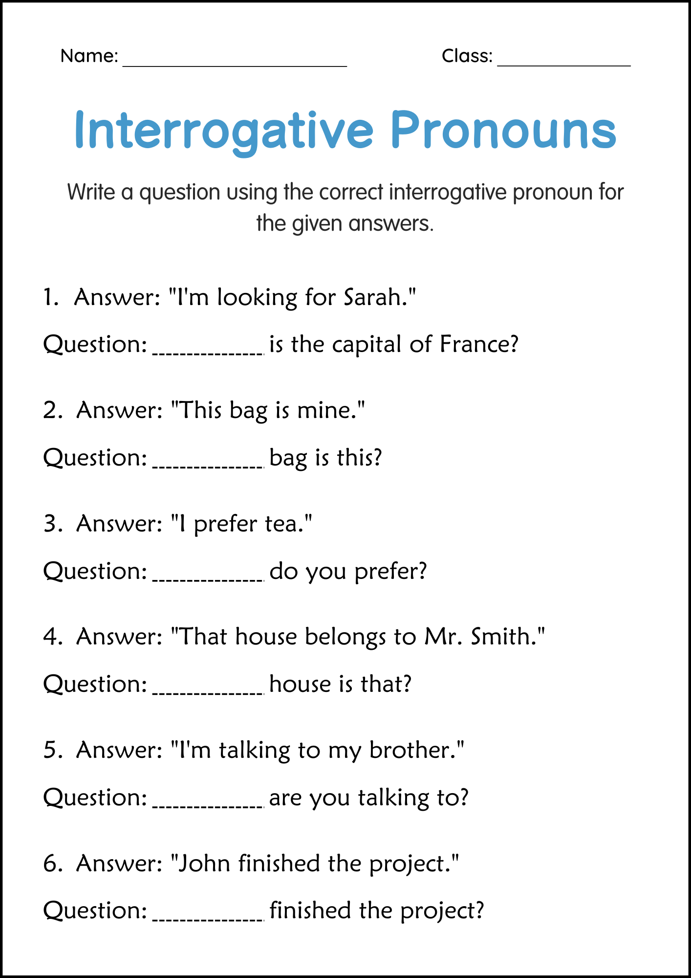 Interrogative Pronouns Grammar Activity Worksheets for Grade 1, 2, 3 ...