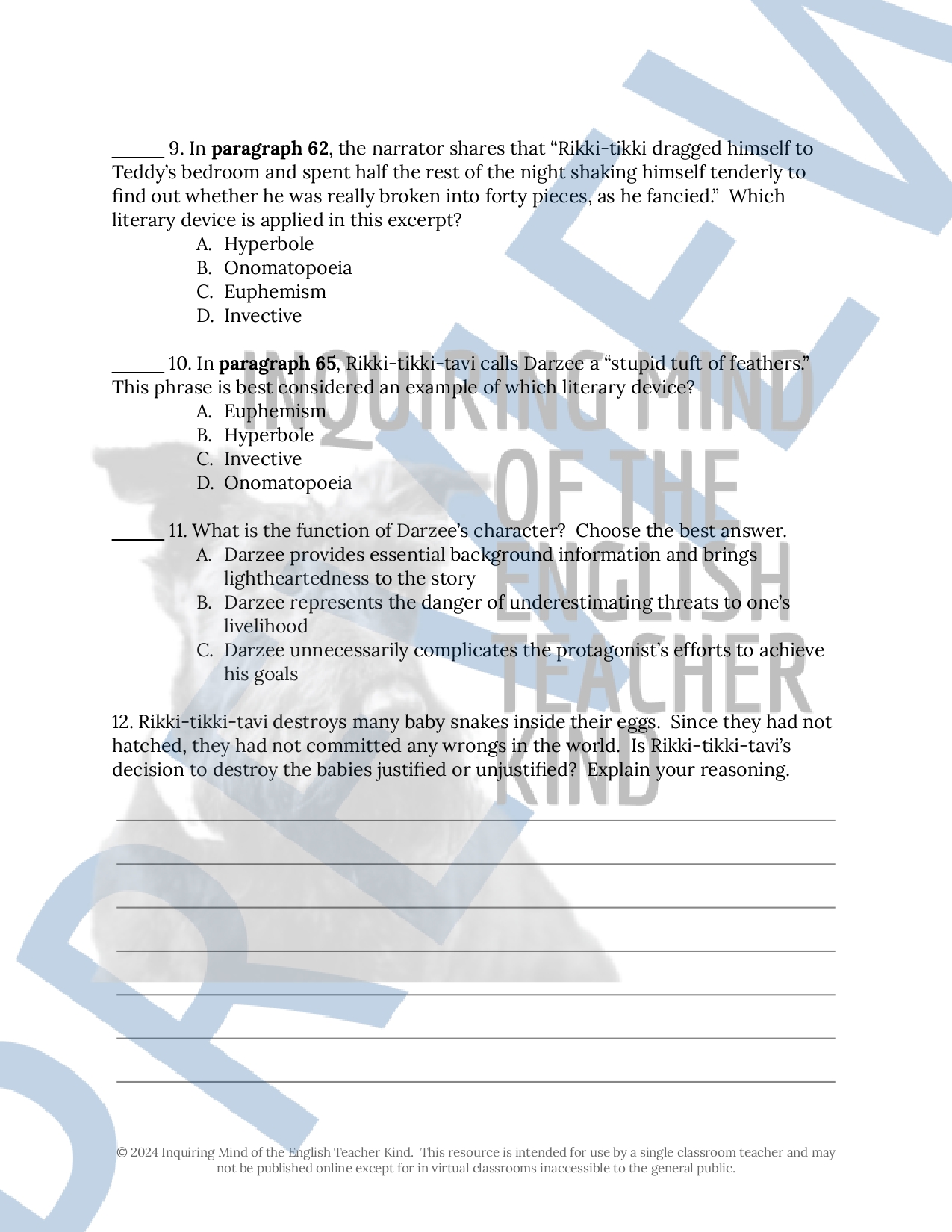 "Rikki-Tikki-Tavi" Quiz, Inference Worksheet, Vocabulary Games, and ...