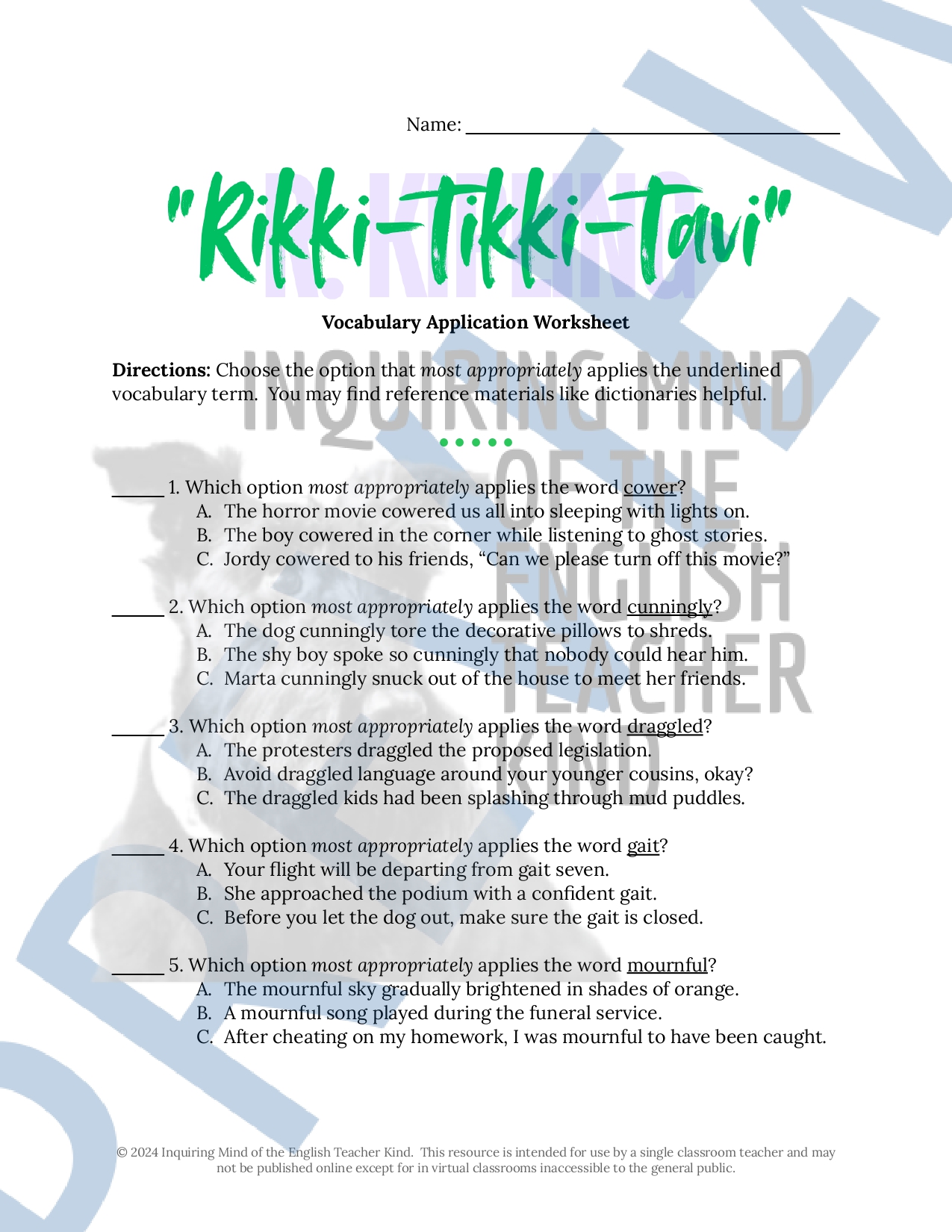 "Rikki-Tikki-Tavi" Quiz, Inference Worksheet, Vocabulary Games, and ...