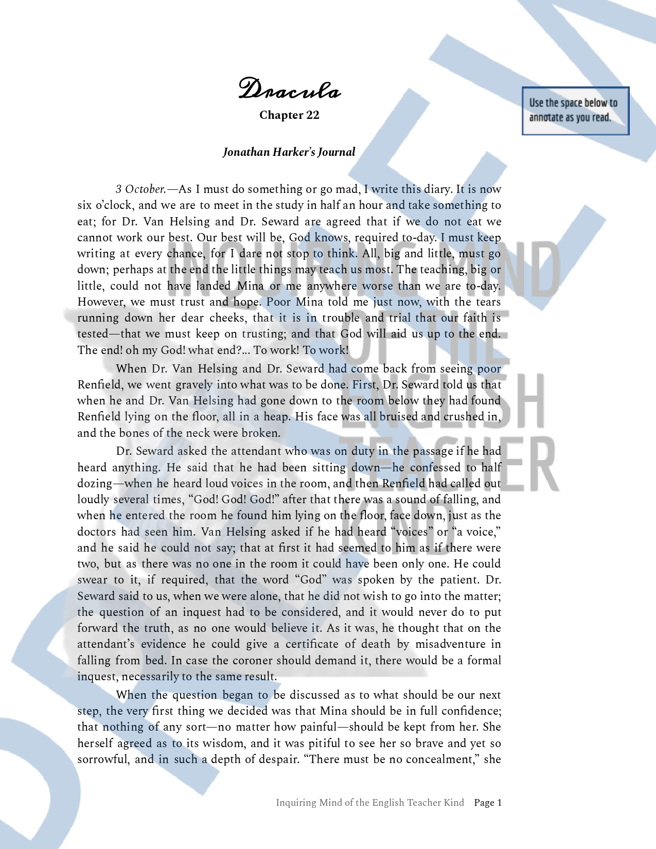 Dracula Chapter 22 Close Reading Analysis Worksheet and Answer Key ...