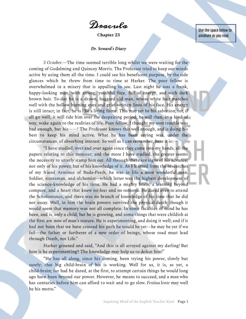 Dracula Chapter 23 Close Reading Analysis Worksheet and Answer Key ...