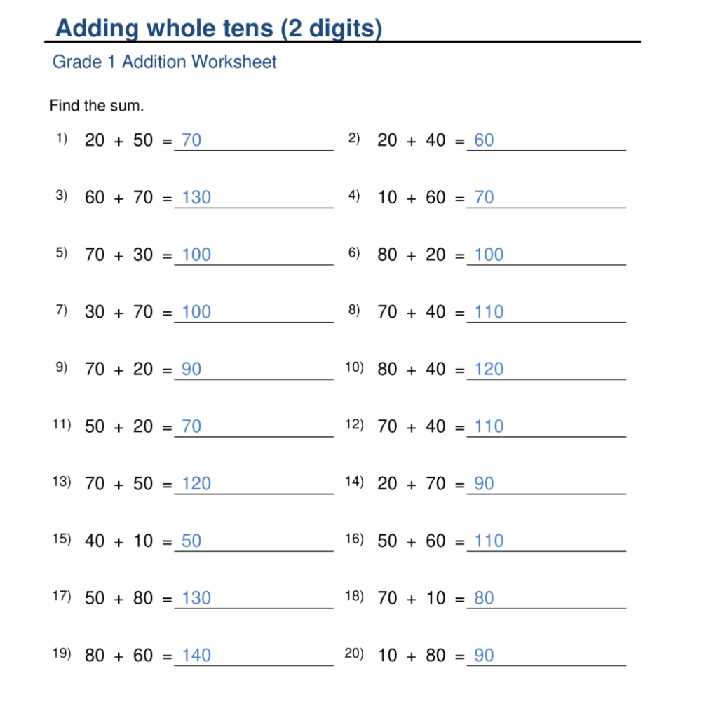 Grade 1 Addition: Whole Tens Practice Worksheets - Made By Teachers