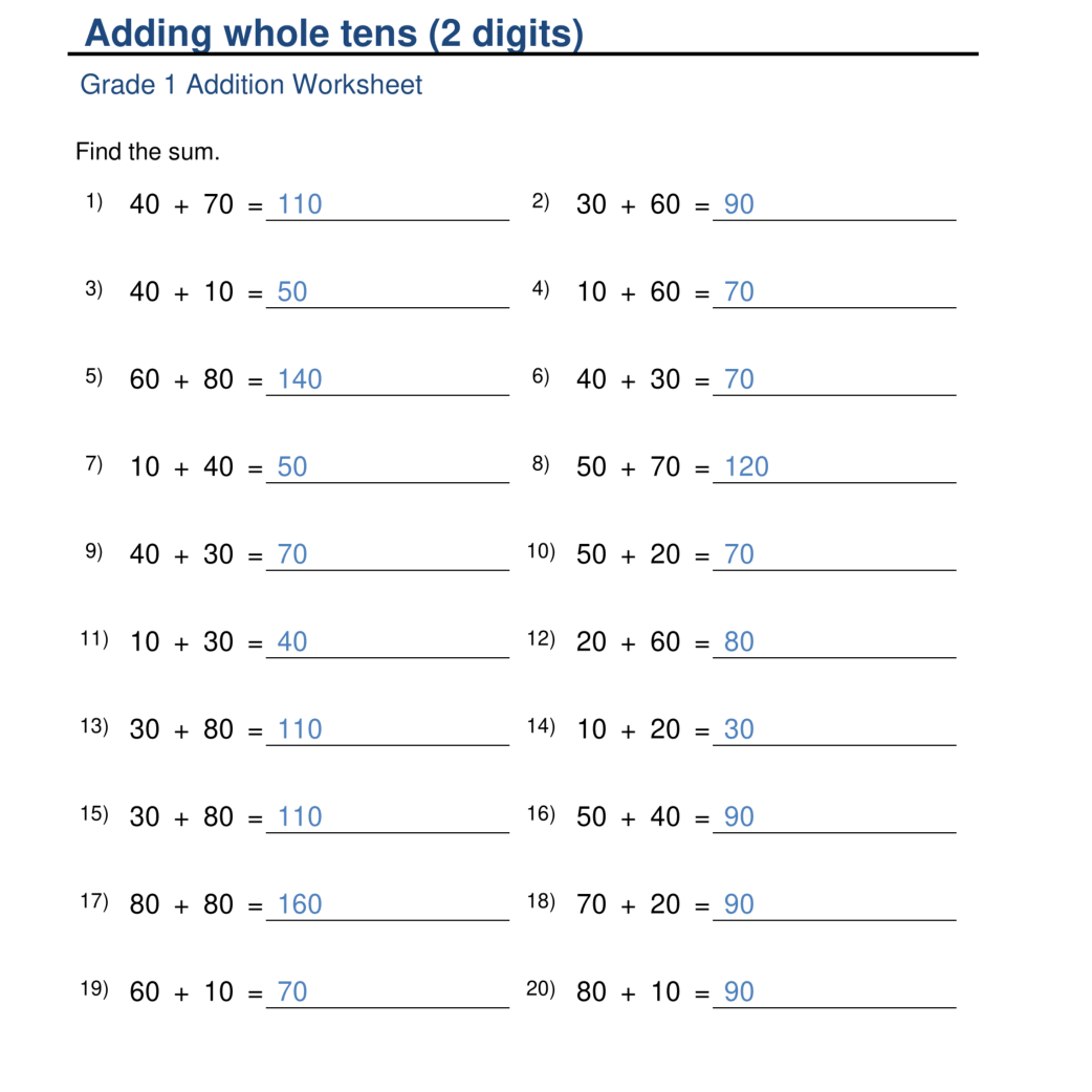 Grade 1 Addition: Whole Tens Practice Worksheets - Made By Teachers