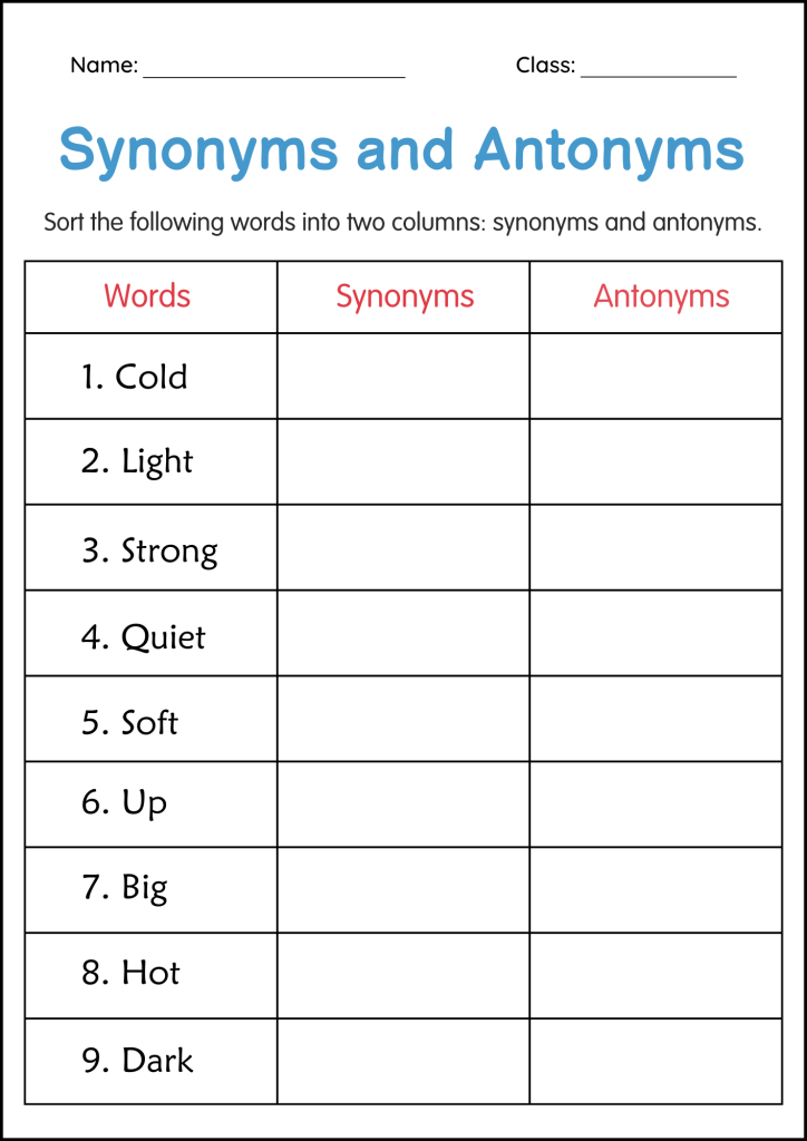 Synonyms and Antonyms Grammar Worksheet for Grade 2 - Made By Teachers