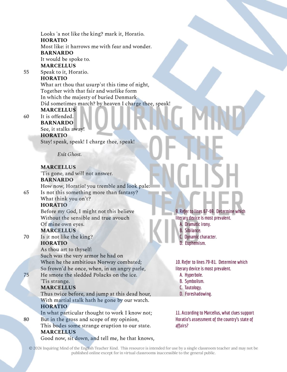 Hamlet Act 1 Scene 1 Close Reading Analysis Worksheet | Made By Teachers