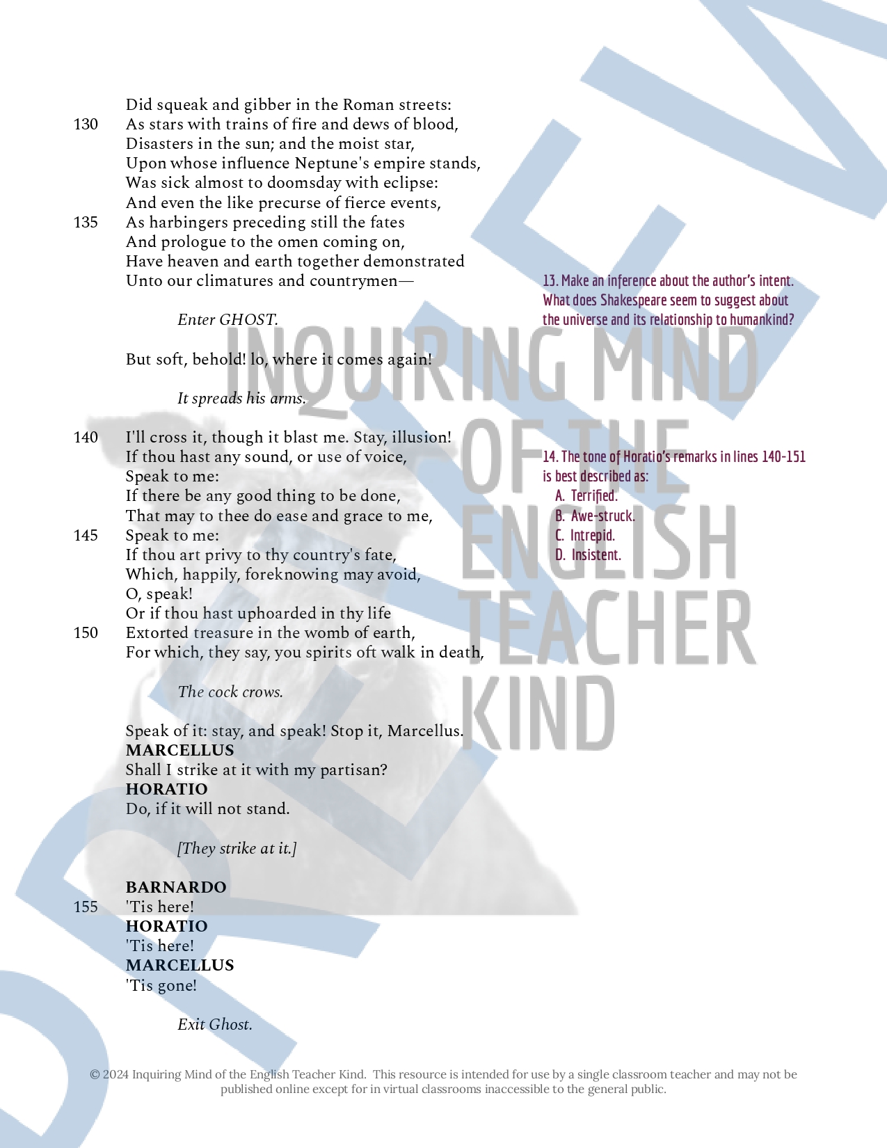 Hamlet Act 1 Scene 1 Close Reading Analysis Worksheet - Made By Teachers