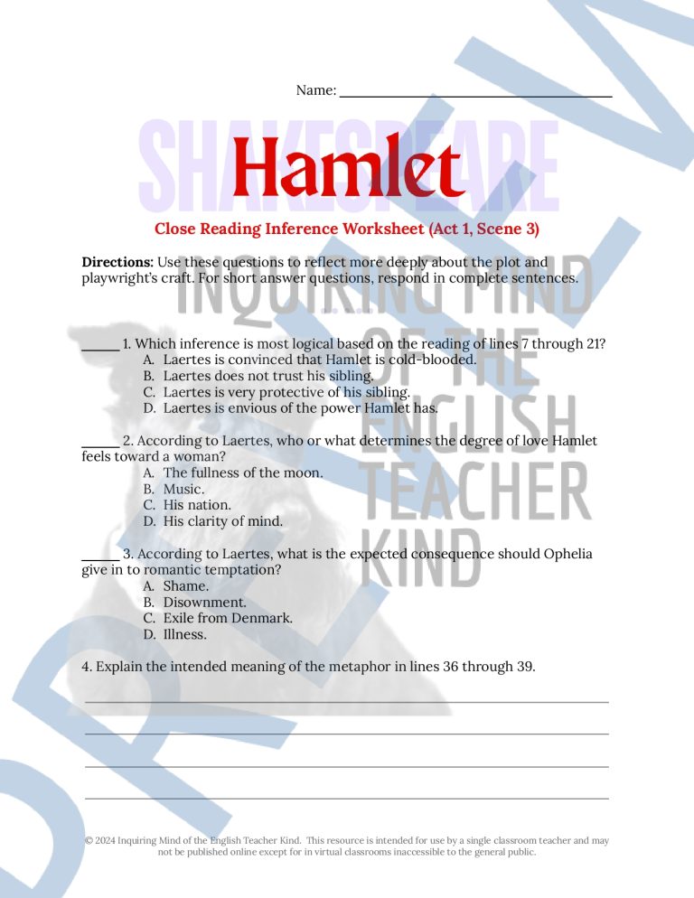 Hamlet Act 1 Scene 3 Close Reading Analysis Worksheet | Made By Teachers