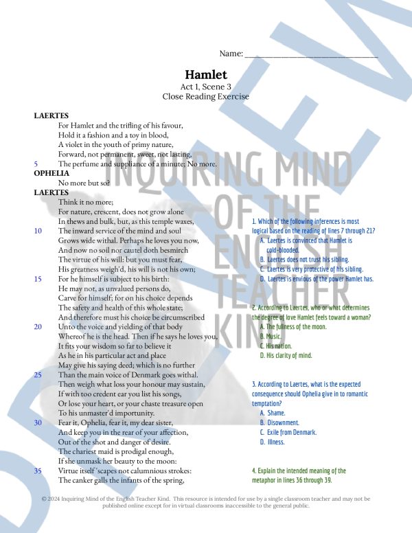 Hamlet Act 1 Scene 3 Close Reading Analysis Worksheet | Made By Teachers