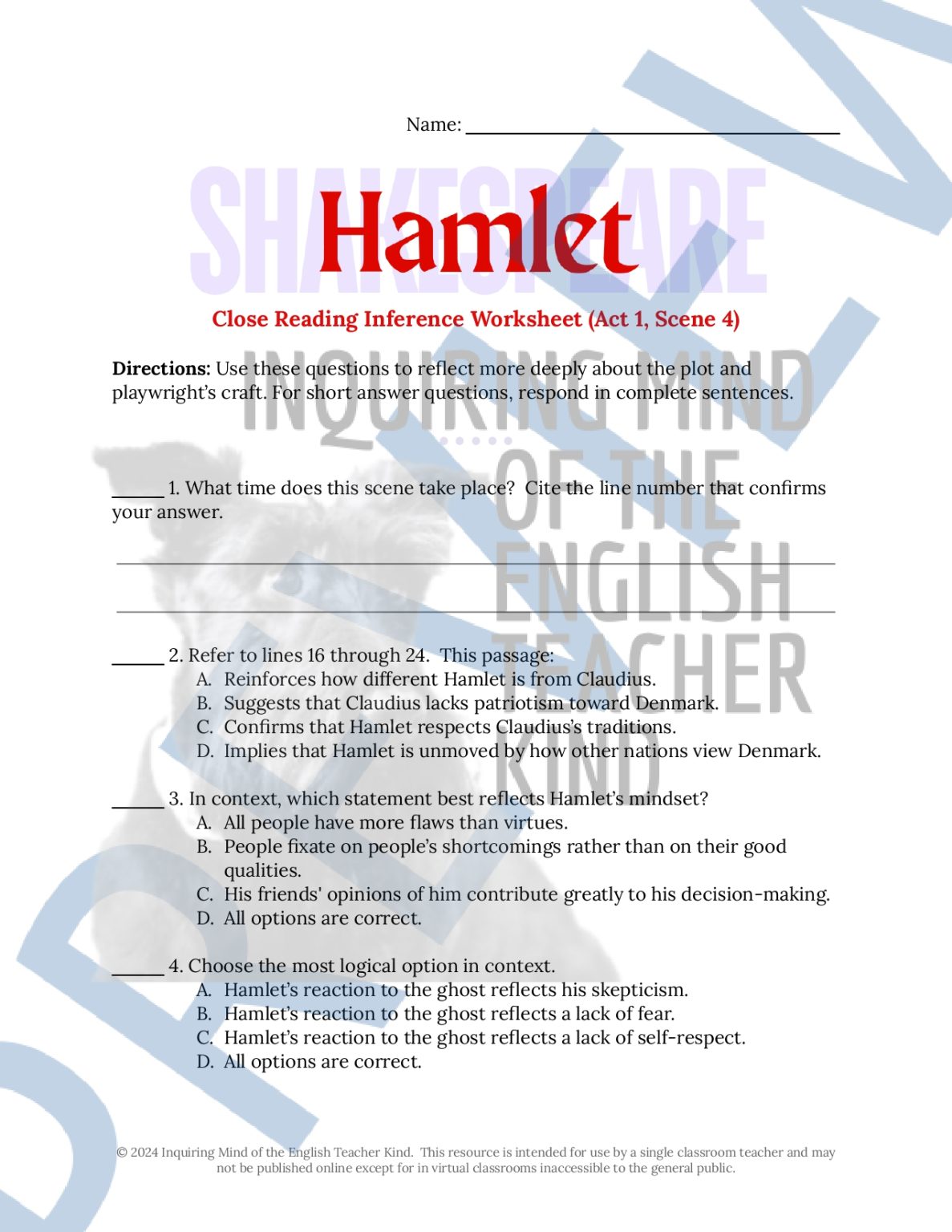 Hamlet Act 1 Scene 4 Close Reading Analysis Worksheet - Made By Teachers