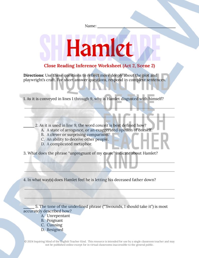 Hamlet Act 2 Scene 2 Close Reading Analysis Worksheet - Made By Teachers