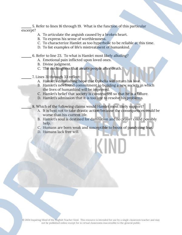 Hamlet Act 3 Scene 1 Close Reading Analysis Worksheet - Made By Teachers