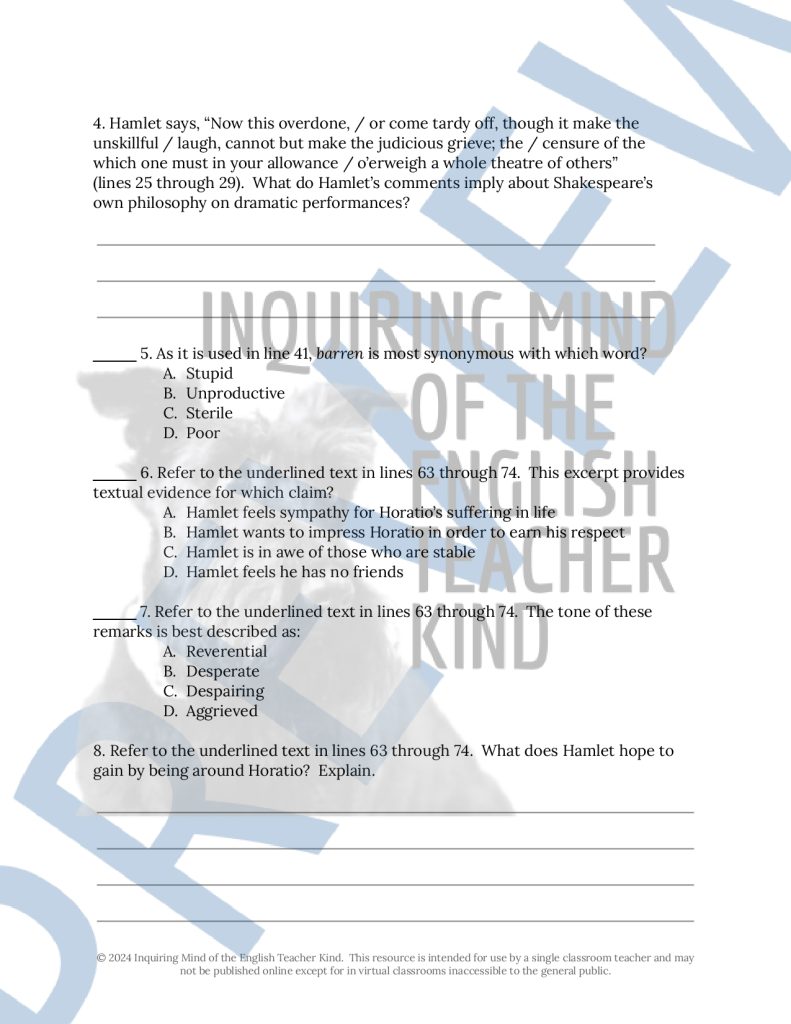 Hamlet Act 3 Scene 2 Close Reading Analysis Worksheet | Made By Teachers