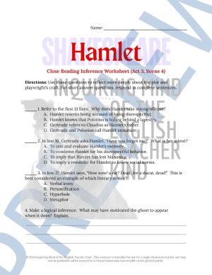 Hamlet Act 3 Scene 4 Close Reading Analysis Worksheet | Made By Teachers