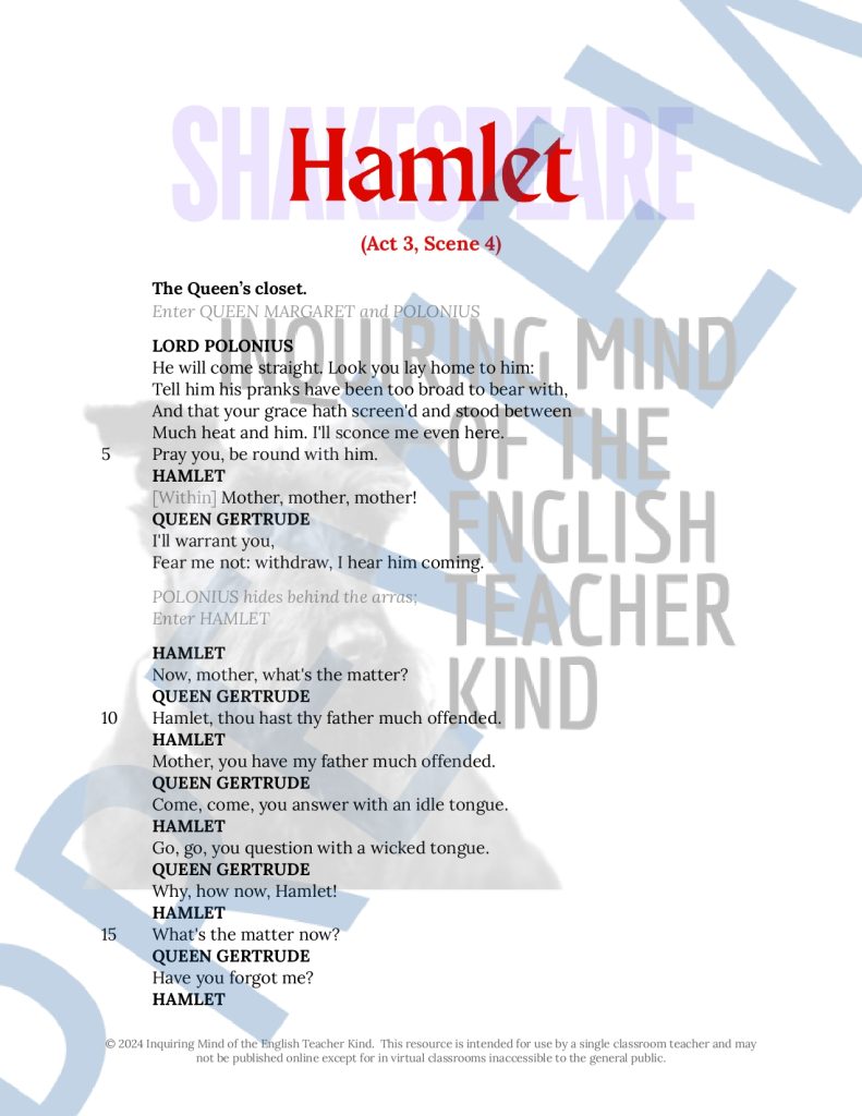 Hamlet Act 3 Scene 4 Close Reading Analysis Worksheet | Made By Teachers