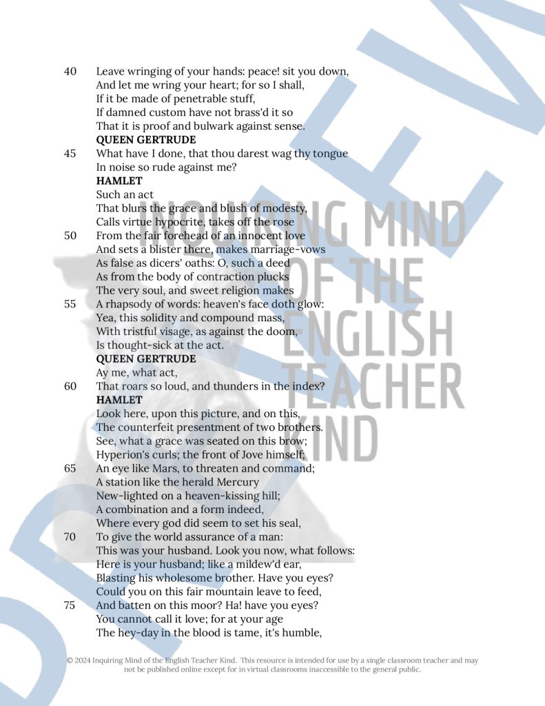 Hamlet Act 3 Scene 4 Close Reading Analysis Worksheet | Made By Teachers