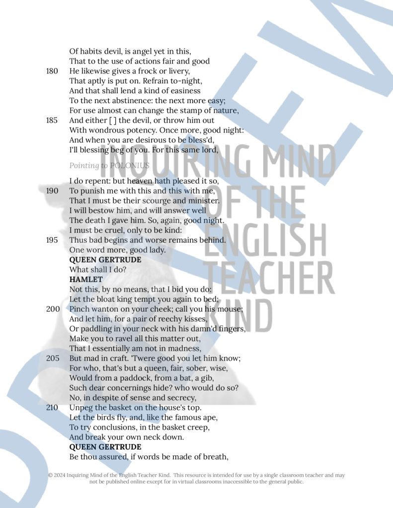 Hamlet Act 3 Scene 4 Close Reading Analysis Worksheet | Made By Teachers