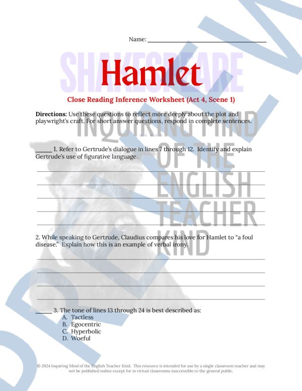 Hamlet Act 4 Scene 1 Close Reading Analysis Worksheet - Made By Teachers