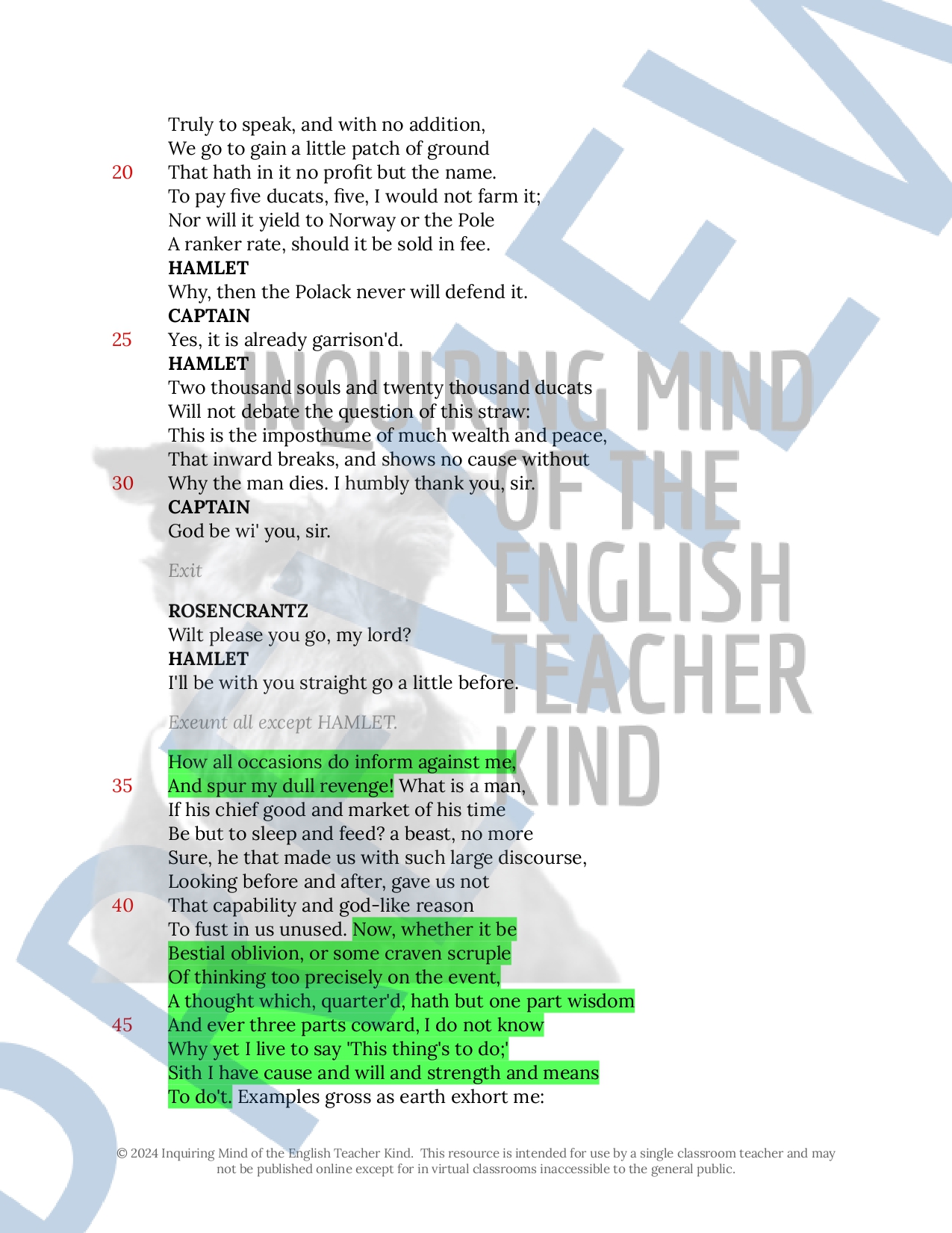 Hamlet Act 4 Scene 4 Close Reading Analysis Worksheet | Made By Teachers