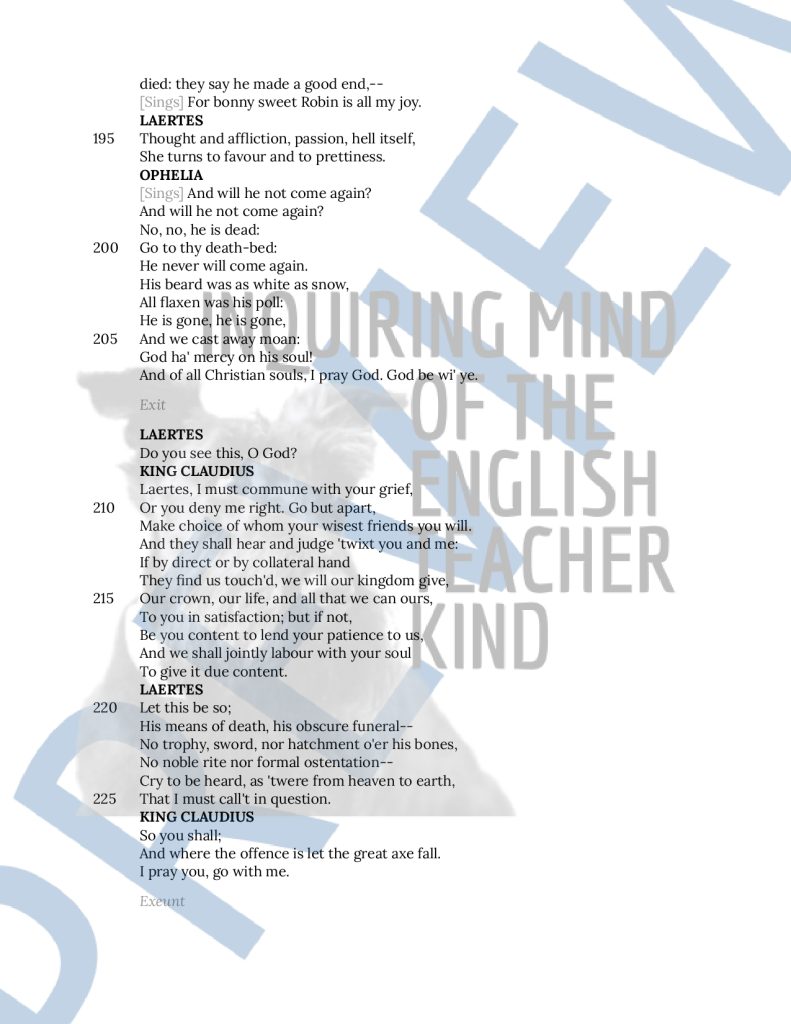 Hamlet Act 4 Scene 5 Close Reading Analysis Worksheet | Made By Teachers