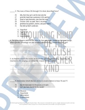 Hamlet Act 5 Scene 1 Close Reading Analysis Worksheet | Made By Teachers