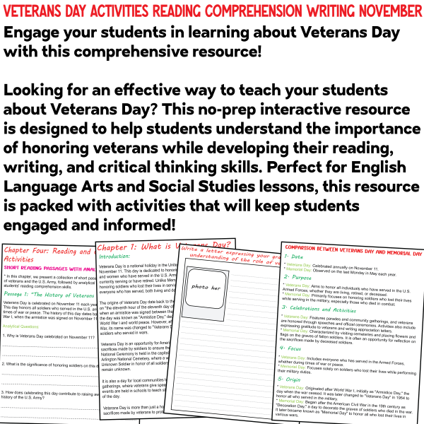 Veterans Day Activities Reading Comprehension Writing November | Made ...