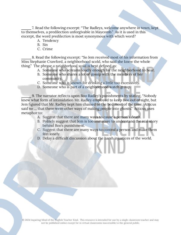 To Kill a Mockingbird Chapter 1 Close Reading Analysis Worksheet - Made ...