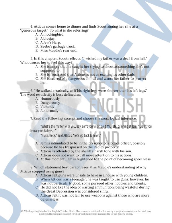To Kill a Mockingbird Chapter 10 Close Reading Analysis Worksheet ...