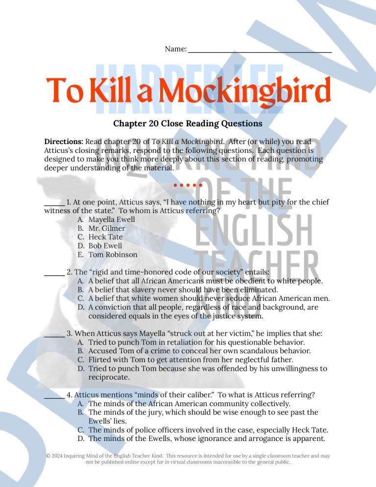 To Kill a Mockingbird Chapter 20 Close Reading Analysis Worksheet ...