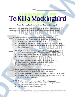 To Kill a Mockingbird Chapters 1 through 3 Vocabulary Games and ...