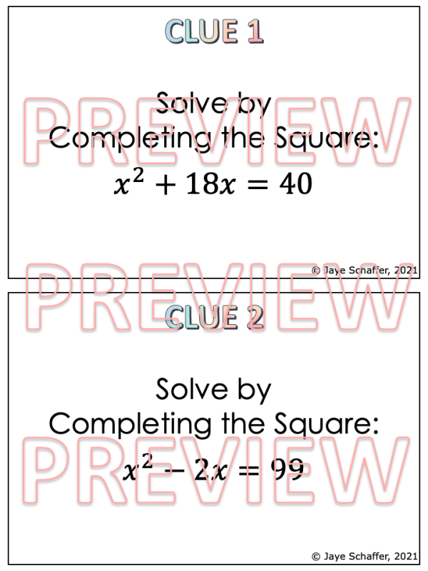 Solving Quadratics by Completing the Square Clue Mystery Task Cards ...