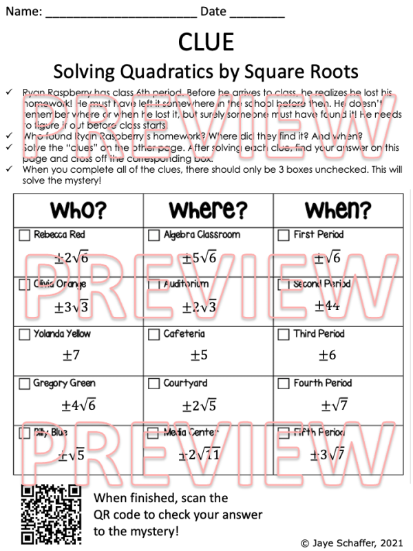 Solving Quadratics Using Square Roots Clue Mystery Task Cards Activity ...