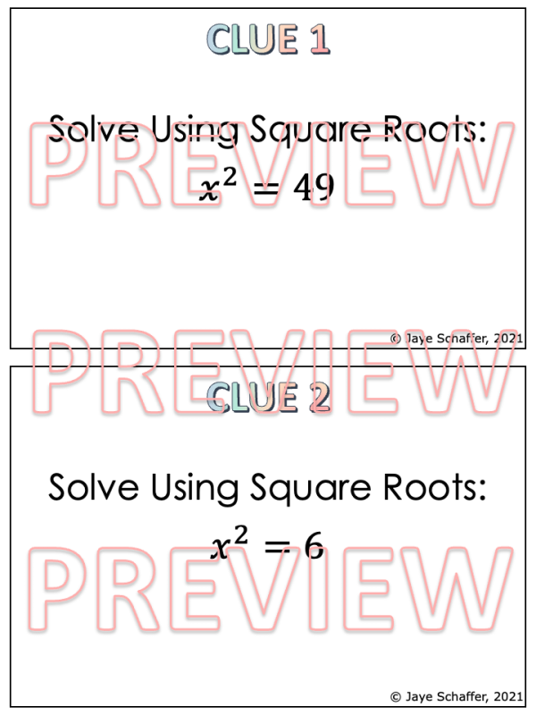 Solving Quadratics Using Square Roots Clue Mystery Task Cards Activity ...