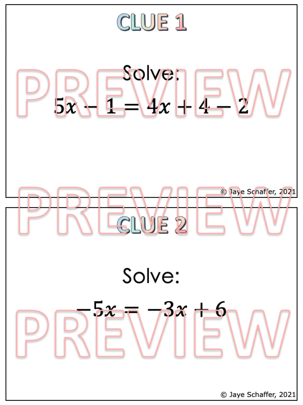 Solving Multistep Equations Clue Mystery Task Cards Activity | Made By ...