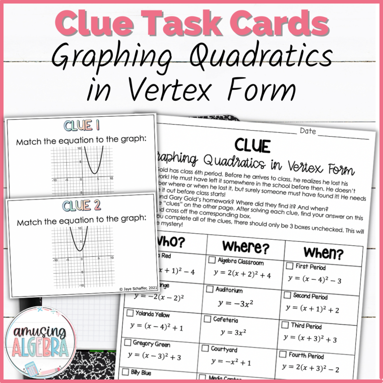 Graphing Quadratics in Vertex Form Clue Mystery Task Cards Activity ...