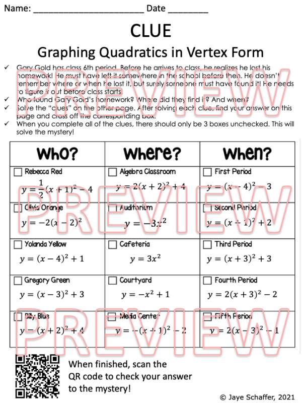 Graphing Quadratics in Vertex Form Clue Mystery Task Cards Activity ...