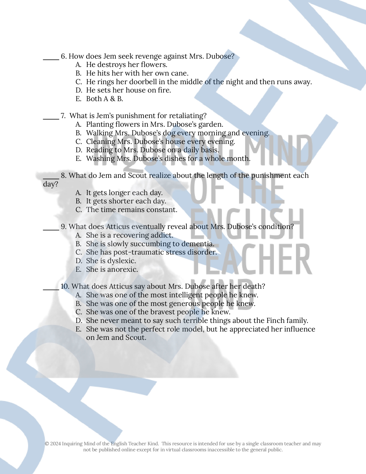 To Kill a Mockingbird Chapters 10-11 Quizzes, Inference Worksheets, and ...