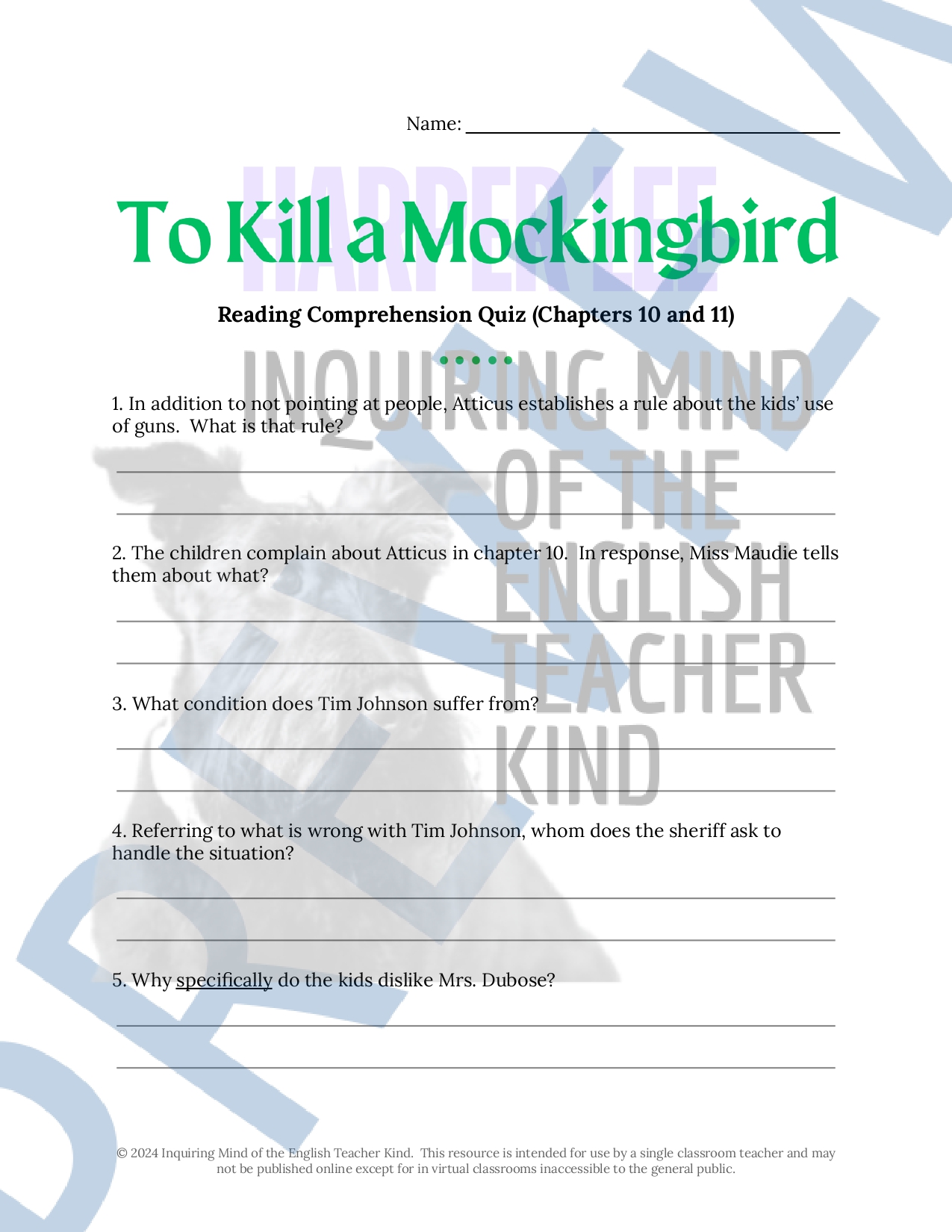 To Kill a Mockingbird Chapters 10-11 Quizzes, Inference Worksheets, and ...